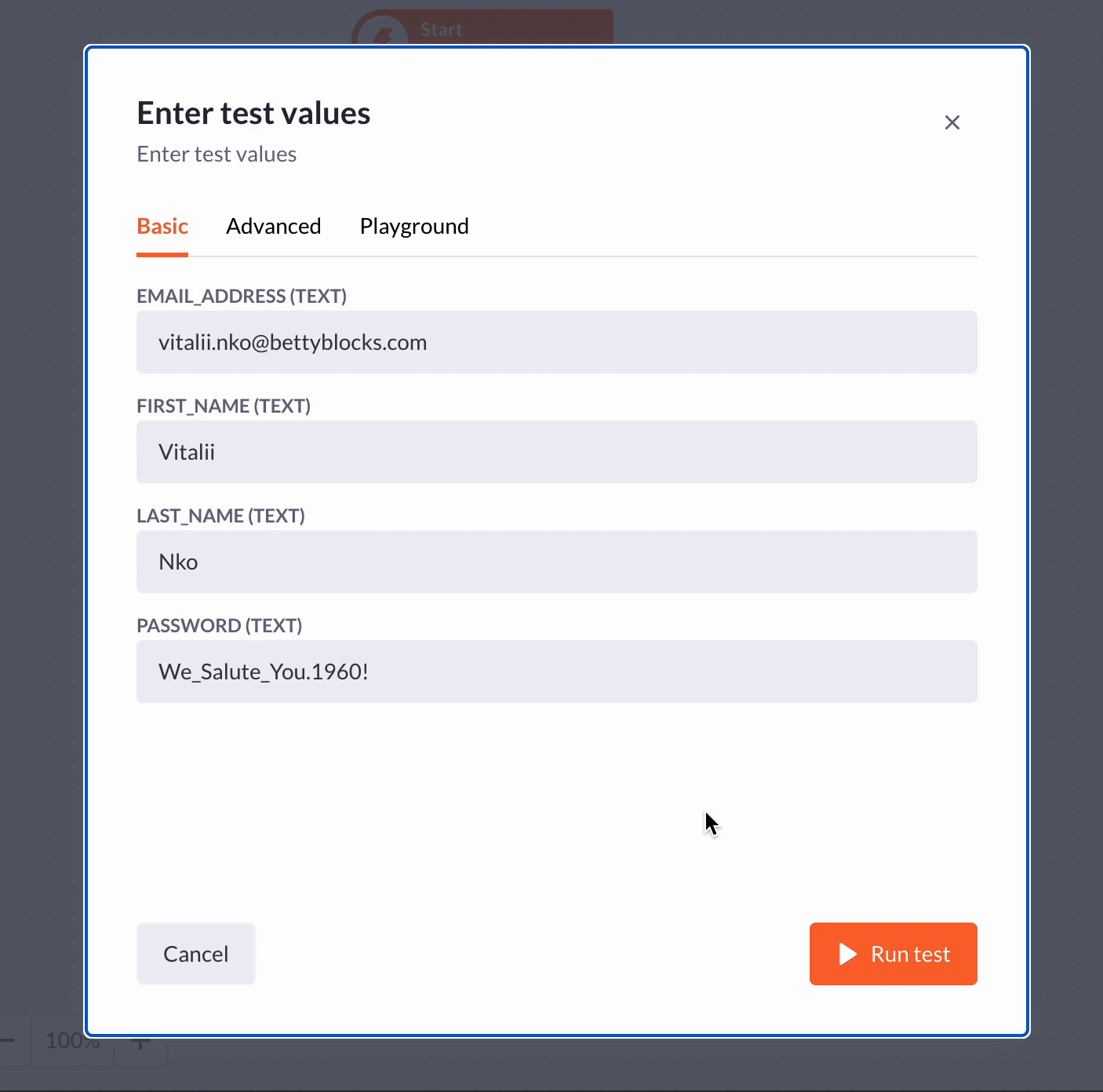 Testing and debugging an action